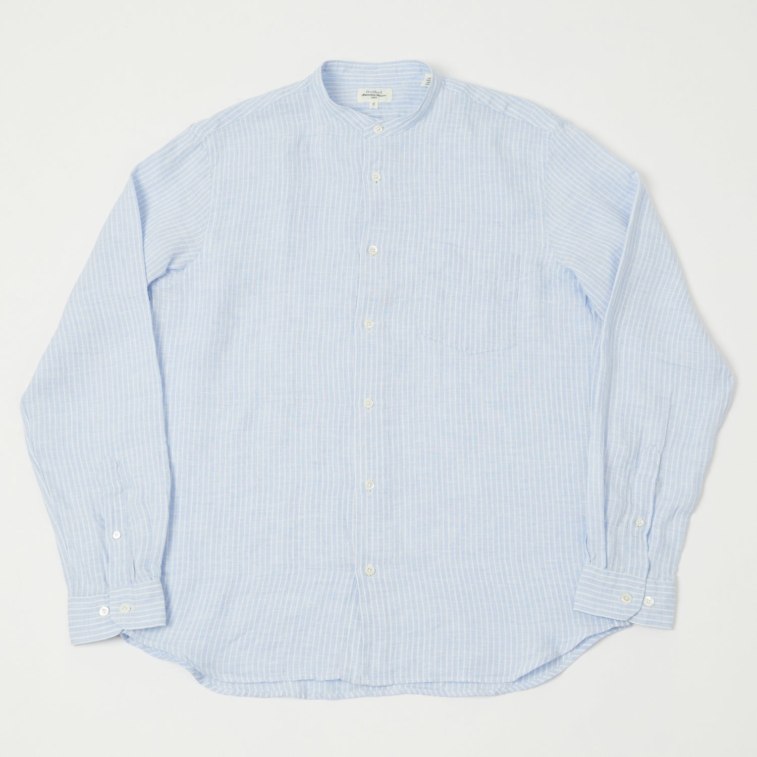 Hartford 'Premium Pat' Grandad-Collar Linen Shirt - Blue Stripe | SON ...